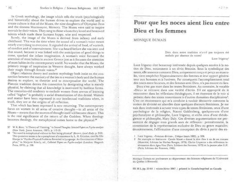 Pour que les noces aient lieu entre Dieu et les femmes - Monique Dumais